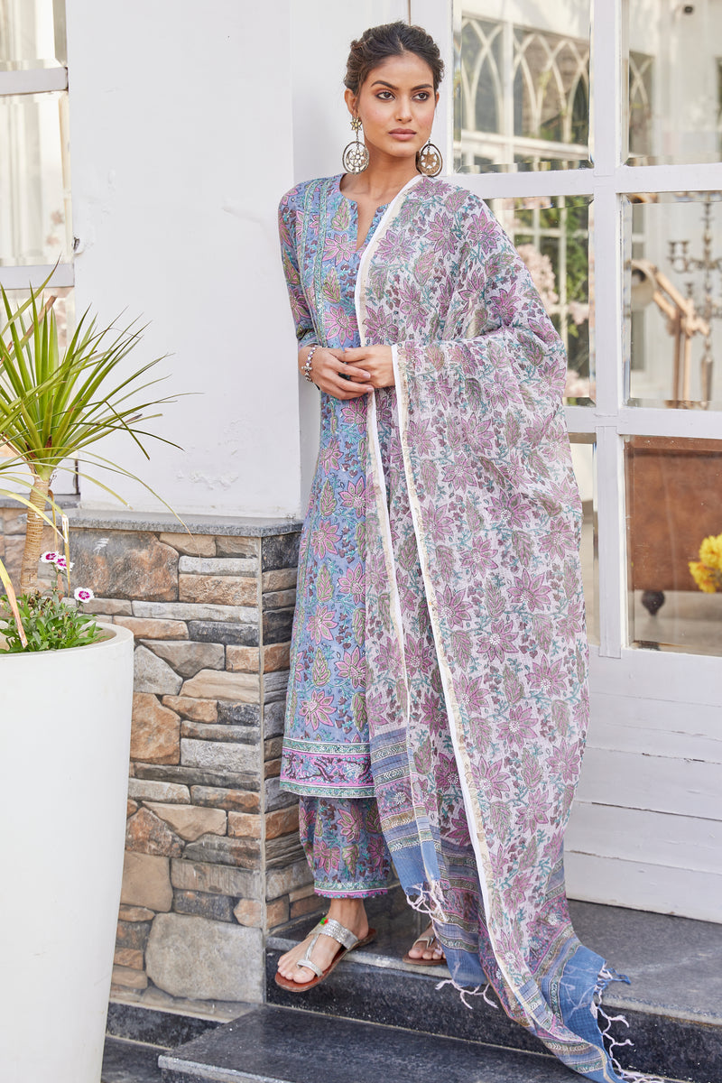 Buy Hand Block Floral Print Cotton Dupatta For Women At VIshnu – Vishnu